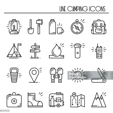 하이킹 및 캠핑 라인 아이콘을 설정합니다 야외 캠프 기호와 기호입니다 배낭 여행 모험입니다 가방에 대한 스톡 벡터 아트 및 기타 이미지 Istock