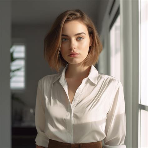 Premium Photo A Woman Stands In Front Of A Window With A White Shirt