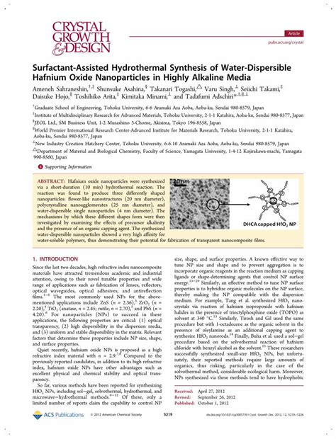 Pdf Surfactant Assisted Hydrothermal Synthesis Of Water Dispersible Hafnium Oxide