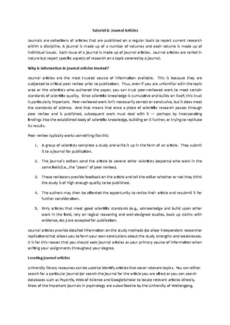 Week 8 Tutorial Handout Tutorial 6 Journal Articles Journals Are Collections Of Articles
