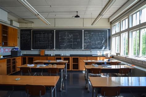 A Classroom Filled With Desks And A Chalkboard An Empty High School