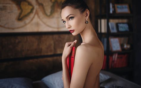 Wallpaper Women Portrait Sergey Fat Red Lipstick Books Strategic Covering Pillow In Bed