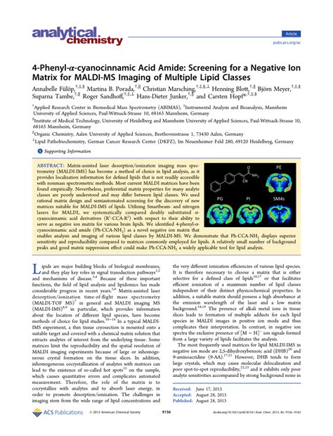 Pdf 4 Phenyl Alpha Cyanocinnamic Acid Amide Screening For A Negative Ion Matrix For Maldi Ms