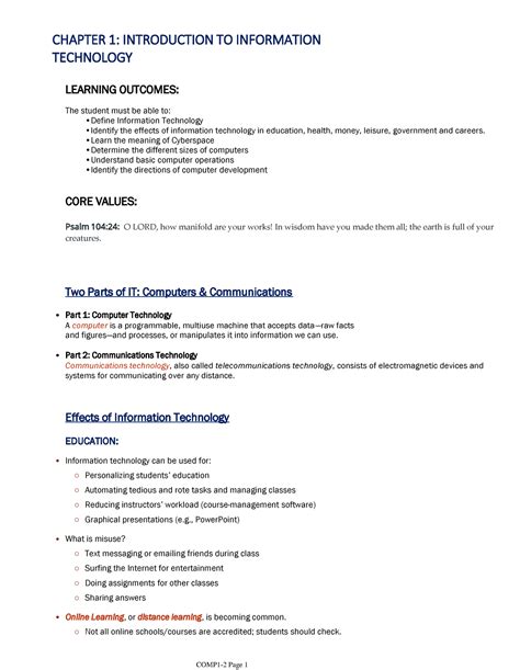 Chapter 1 Introduction To Information Technology Learning Outcomes