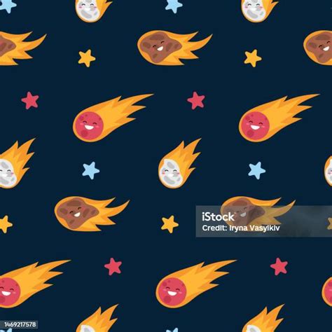 어두운 배경에 귀여운 별 혜성 소행성 및 운석이 있는 매끄러운 패턴 0명에 대한 스톡 벡터 아트 및 기타 이미지 0명 과학 귀여운 Istock