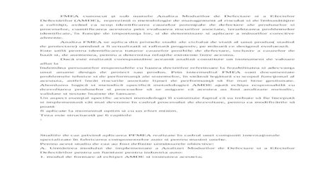 FMEA Cunoscut Și Sub Numele Analiza Modurilor de Defectare Si a Efectelor Defectărilor DOCX