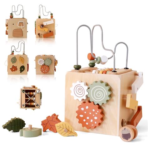 Wooden Activity Cube Play Center Bead Maze Autumn Leaves Shape Sorter