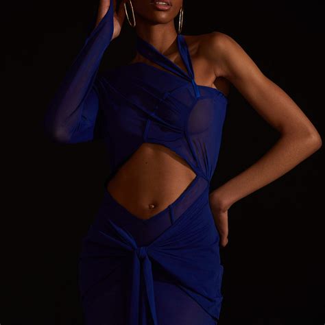 Asymmetric Knot Cut Out Mesh Dress Sapphire Bbxbrand