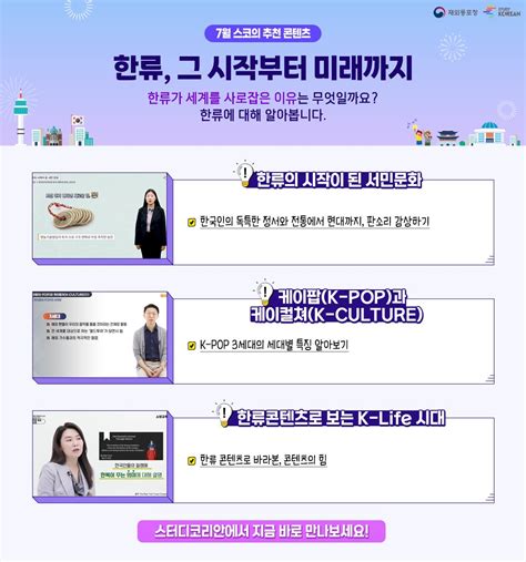 스터디코리안 📣 한류 그 시작부터 미래까지 한류가 세계를 사로잡은 이유는 무엇일까요 한류의 뿌리부터 현재 그리고 미래까지 함께 알아봅니다 🌏 📌 추천 강의 미리
