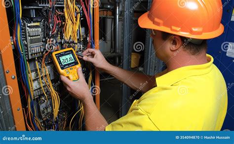 Electrician Testing Electrical Equipment Measuring The Voltage Output Electric Man Performing