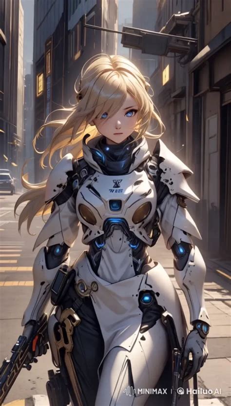 Futuristic Woman In Technological Armor Walks Through City Ai