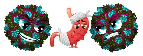 붕대와 두 개의 화난 노로 바이러스 만화 캐릭터로 아픈 위장 A형 인플루엔자 바이러스에 대한 스톡 벡터 아트 및 기타 이미지 A형 인플루엔자 바이러스 개념 건강관리와