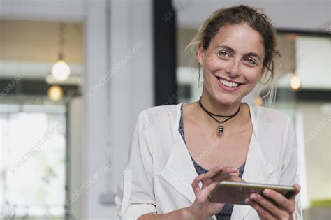 Portrait Smiling Businesswoman Using Digital Tablet Stock Image