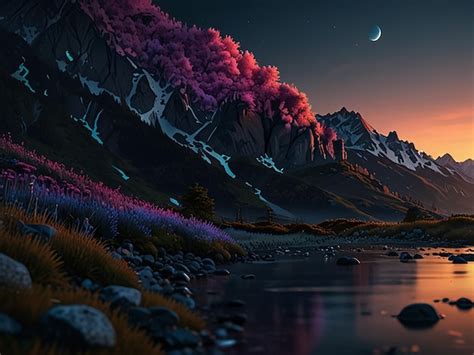 Uma Montanha Com Uma Lua Cheia E Uma Montanha à Noite Imagem Premium