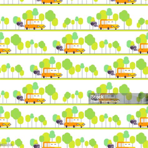흰색 배경에 나무 숲에서 노란색 행복 자동차 캐릭터의 벡터 귀여운 그림 자동차 원활한 패턴의 플랫 스타일 디자인 거리에 대한 스톡 벡터 아트 및 기타 이미지 Istock