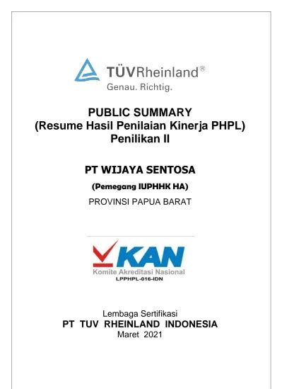 PUBLIC SUMMARY Resume Hasil Penilaian Kinerja PHPL Penilikan II