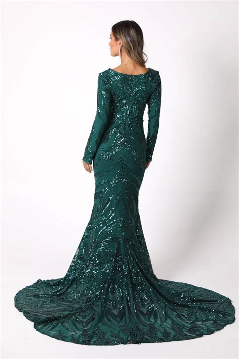 Elena Long Sleeve Pattern Sequin Gown Emerald Noodz Boutique