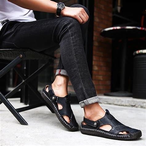 Aueoeo Sandals Men Mens Leather Flat Sandals Fashion Summer Sandals