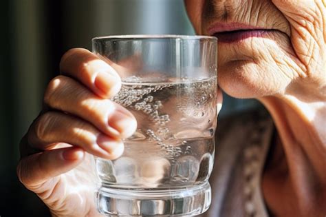 Une Femme âgée Boit De L eau Minérale Dans Un Verre Le Concept D