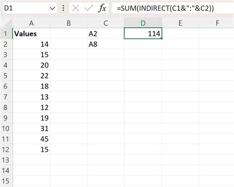 excel how to use indirect with sum