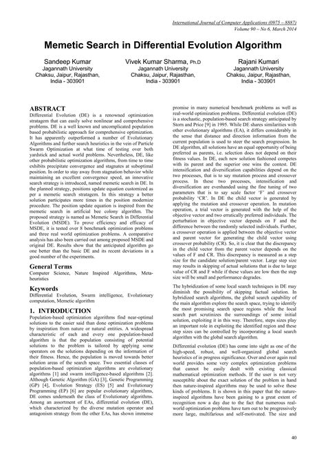 Memetic Search In Differential Evolution Algorithm Pdf