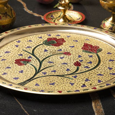 Meenakari Handwork Brass Pooja Thali Set With Intricate Floral Pattern