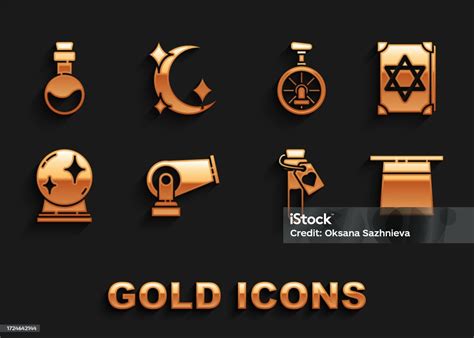 대포 고대 마법의 책 마술사 모자 사랑의 묘약이 든 병 공 외발 자전거 또는 한 바퀴 자전거 달과 별 아이콘을 설정하십시오 벡터