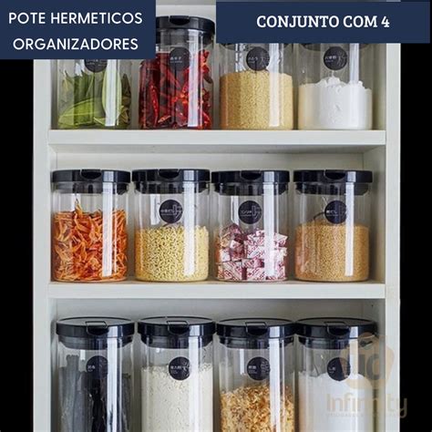 Kit Com 3 Potes Hermeticos Acrilico Porta Mantimentos Porta