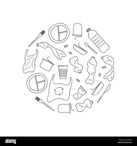 Hand Drawn Outline Plastic Trash Composed In Circle Shape Stock Vector