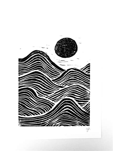 Linoleum Block Print Sunrise And Sunset Minimal Black 8x10 Geometric