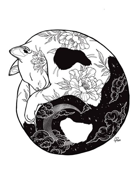 Yin And Yang Cat Sleeping Illustration Art Print Crescent Moon And