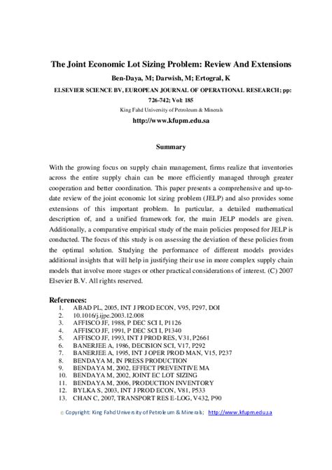 Pdf The Joint Economic Lot Sizing Problem Review And Extensions
