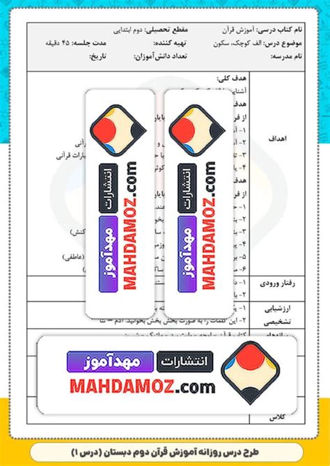 طرح درس روزانه درس 1 الف کوچک سکون — آموزش قرآن دوم ابتدایی — مهدآموز