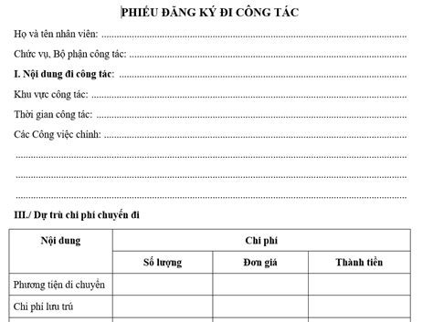 Mẫu phiếu đăng ký đi công tác