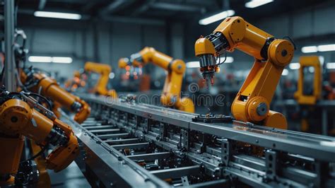 Robotic Arms Working On Assembly Line In A Modern Industrial Automation Factory Stock
