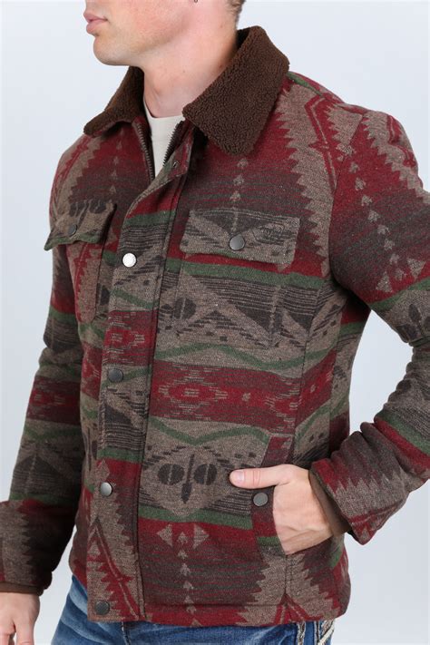 Mens Ethnic Aztec Quilted Fur Lined Jacket Burgundy Platini Fashion