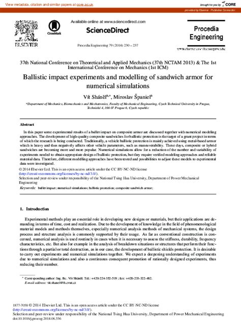 Pdf Ballistic Impact Experiments And Modelling Of Sandwich Armor For Numerical Simulations