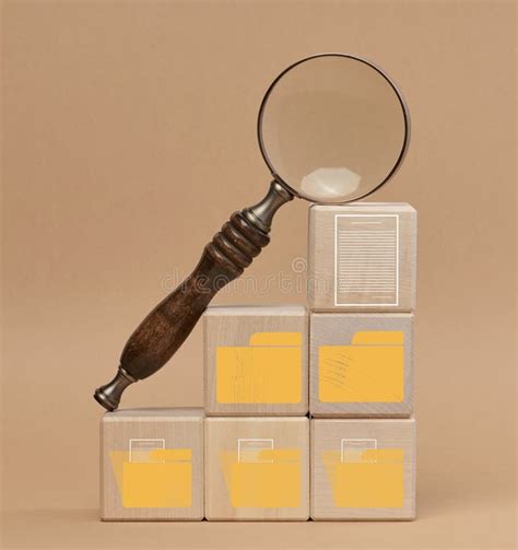 Magnifying Glass Mounted On Wooden Cubes With Folder And Document Symbols Detailed File Search