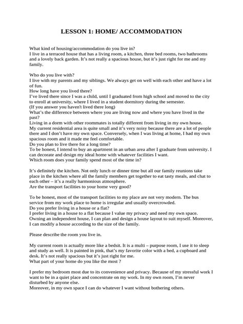 Speaking Lesson 1 Home Accommodation Pdf Dormitory