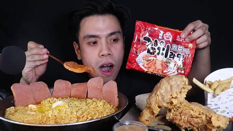 Kimchi Noodles Fried Chicken Spam Mukbang Asmr Youtube