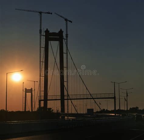 Suspended Road Bridge Between Braila And Tulcea Cities In Romania Stock