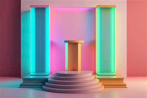 제품 디스플레이를 위한 네온 조명과 파스텔 색상이 있는 사실적인 3d 연단 Ai 생성 프리미엄 사진