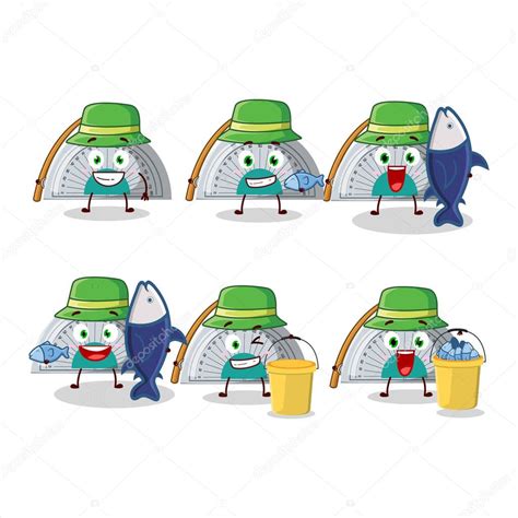 Un Pescador Blanco Arco Regla Dibujo Animado Captura De Un Pez Grande