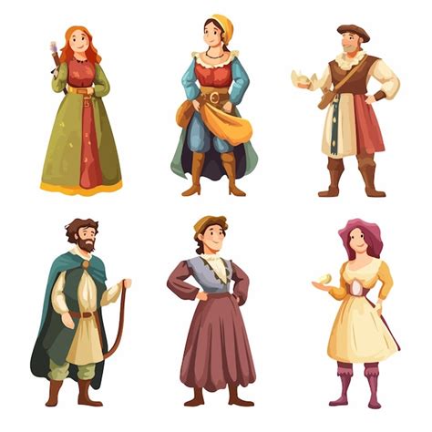 Medieval People Set Peasant Woman And Jester Premium Ai Generated Vector