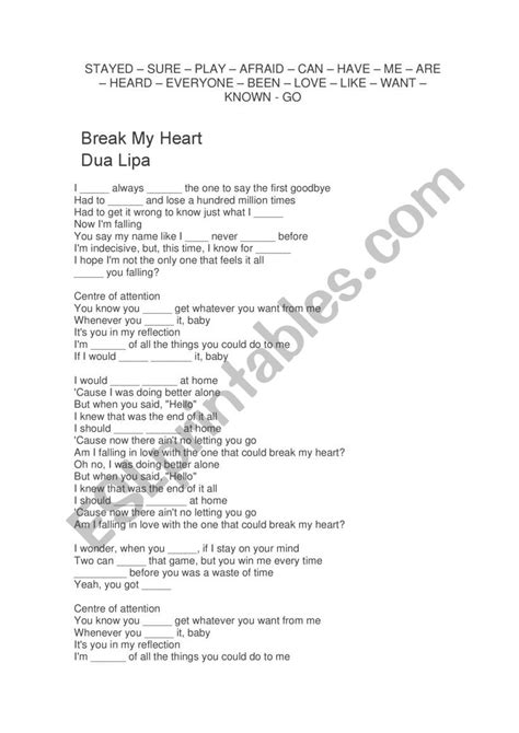 Break My Heart Dua Lipa Esl Worksheet By Myllsf