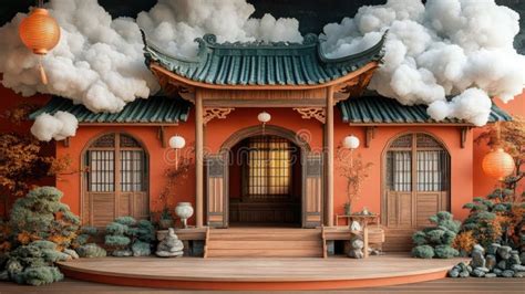 Traditional Asian Architecture Surrounded By Decorative Clouds And