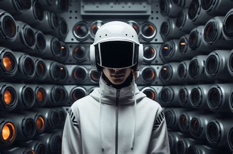 Футуристический человек слушает музыку на ультрасовременных наушниках