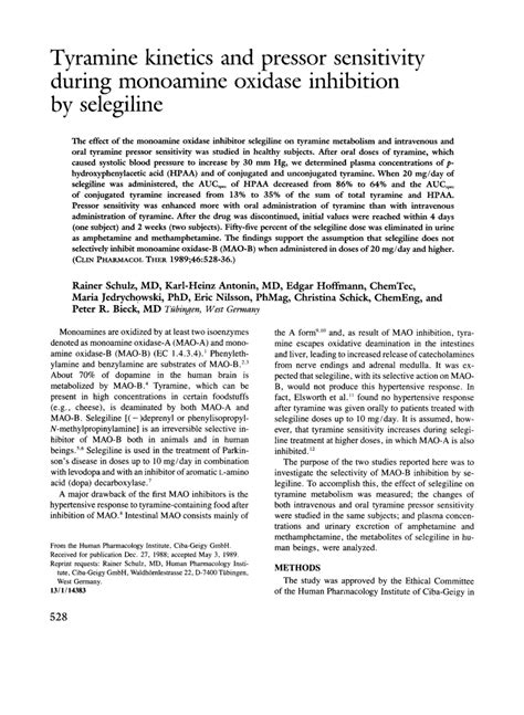 Pdf Tyramine Kinetics And Pressor Sensitivity During Monoamine