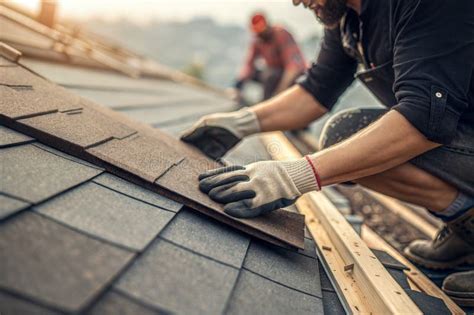 Roofing Contractor Installing New Asphalt Shingles Stock Illustration Illustration Of Home