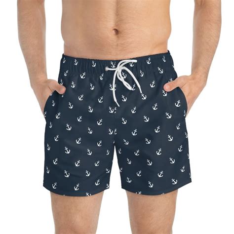 Navy Blue With White Anchors Swim Trunks Mens Nautical Bathing Suit